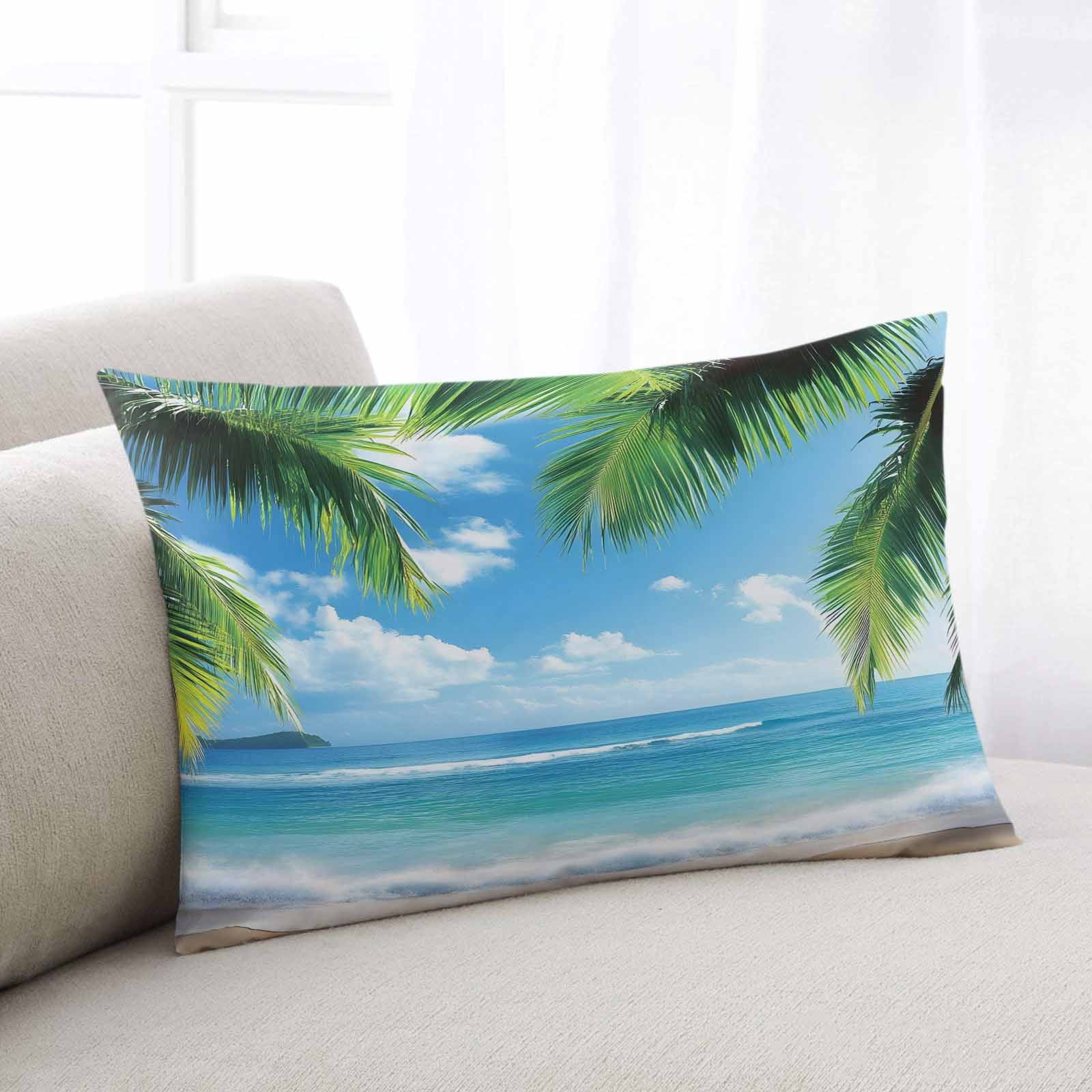 Beach Ocean Waves King Pillow Covers, Summer Tropical Palm Tree Leaves ...