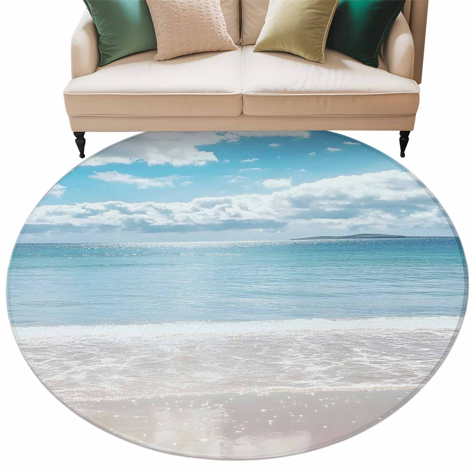 Beach Ocean Waves Round Area Rug 5ft Sky Cloud Scenery Shore Non-Slip ...