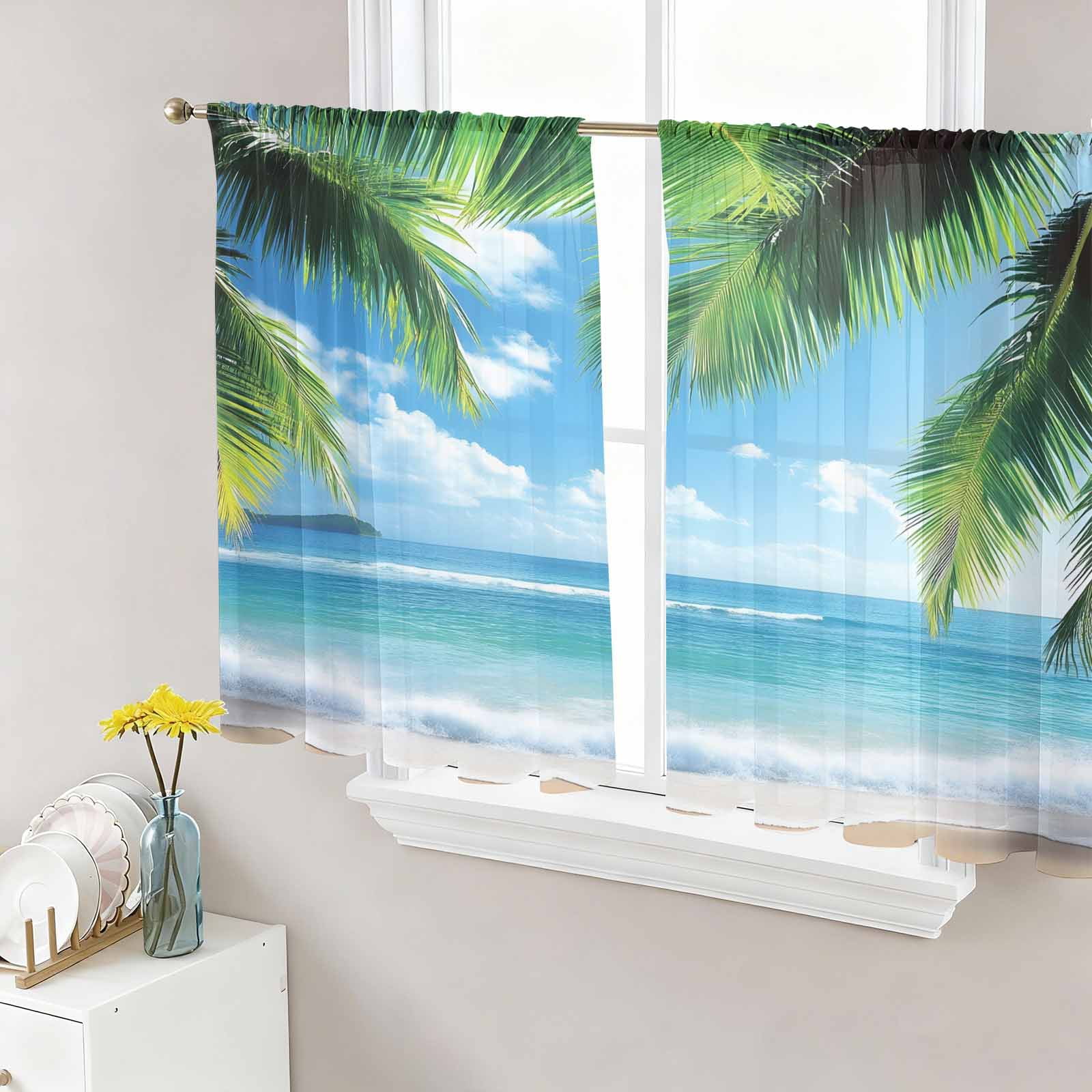 Beach Ocean Waves Semi Sheer Curtains 54 Inch Length 2 Panels Set ...