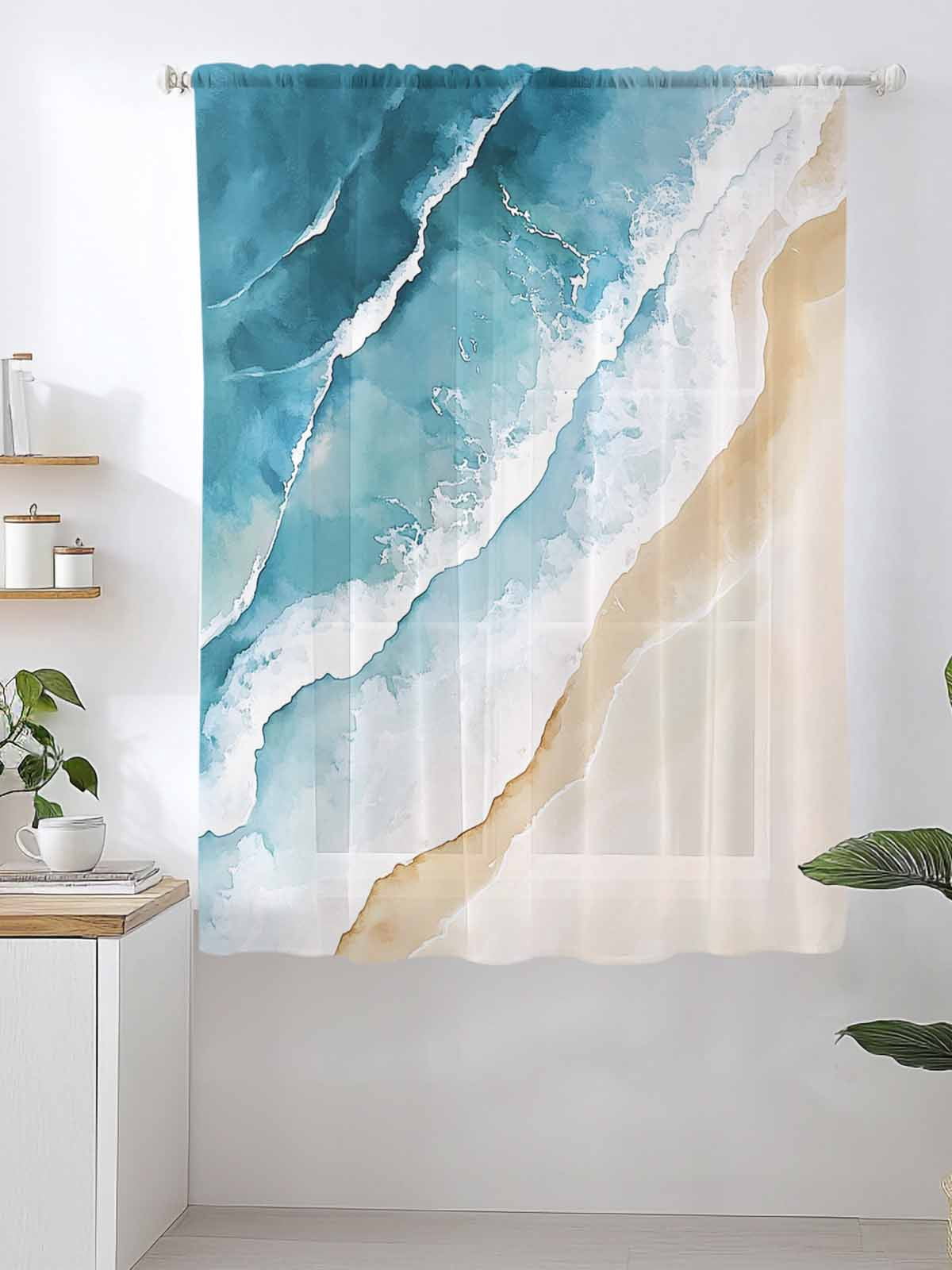 Beach Ocean Waves Sheer Curtains 63 Inch Long 1 Panel Blue Watercolor ...
