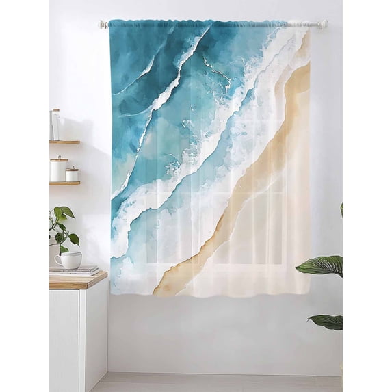Beach Ocean Waves Sheer Curtains 63 Inch Long 1 Panel Blue Watercolor ...