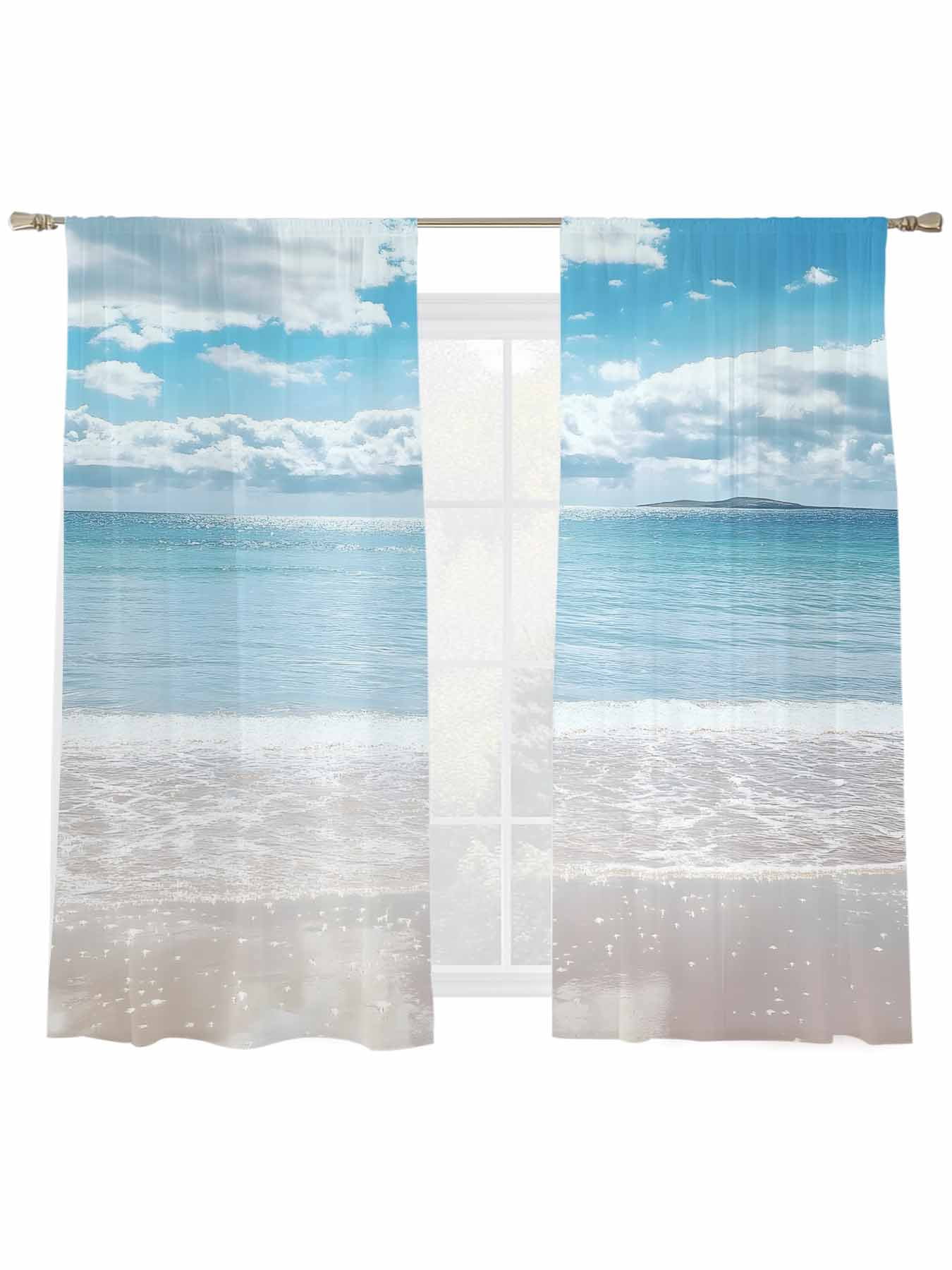 Beach Ocean Waves Sheer Curtains 63 Inch Long 2 Panels, Sky Cloud ...