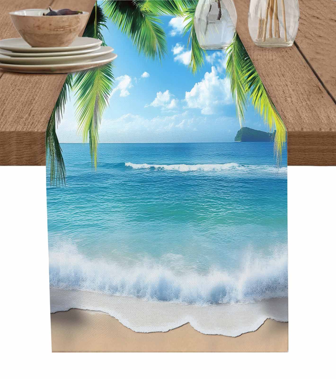 Beach Ocean Waves Table Runner Summer Tropical Palm Tree Leaves ...