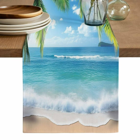 Beach Ocean Waves Table Runner, Summer Tropical Palm Tree Leaves ...