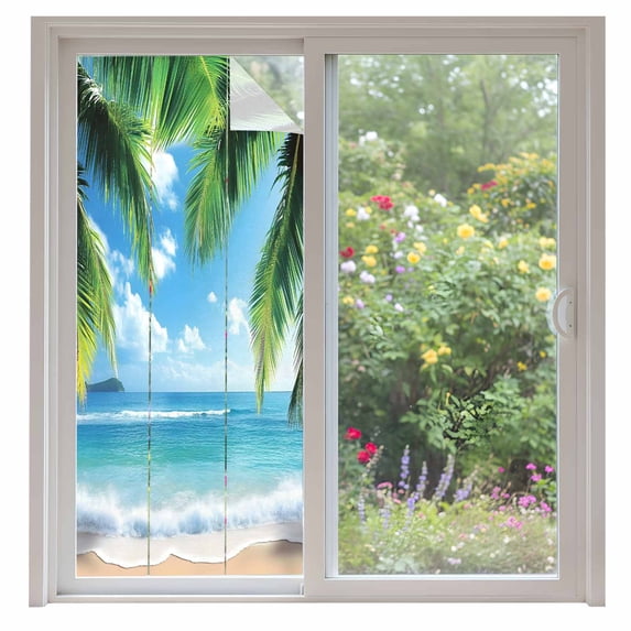 Beach Ocean Waves Window Privacy Film, Summer Tropical Palm Tree Leaves ...