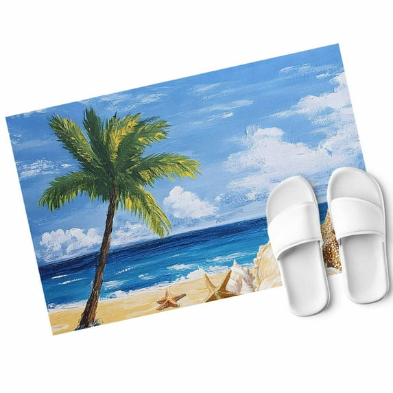 Beach Palm Door Mat Tree Summer Ocean Blue Sky Oil Painting Style Non ...