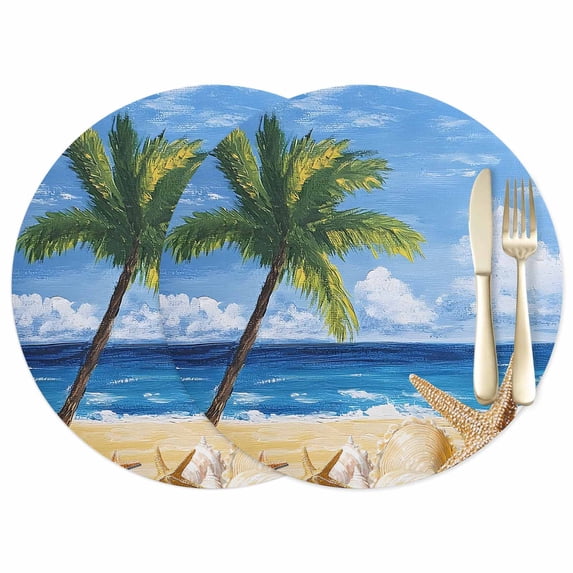 Beach Palm Leather Placemats Set of 2, 15 Inch, Tree Summer Ocean Blue ...