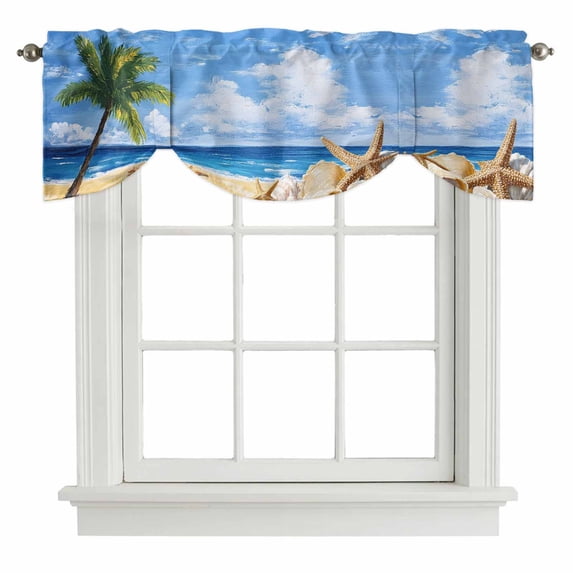 Beach Palm Tie Up Valances Curtain, Tree Summer Ocean Blue Sky Oil ...