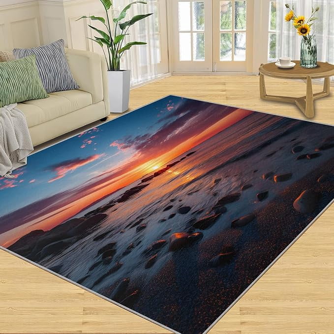 Beach Palm Tree Area Rug, Sea Beach Sunrise Living Room Rugs, Indoor ...