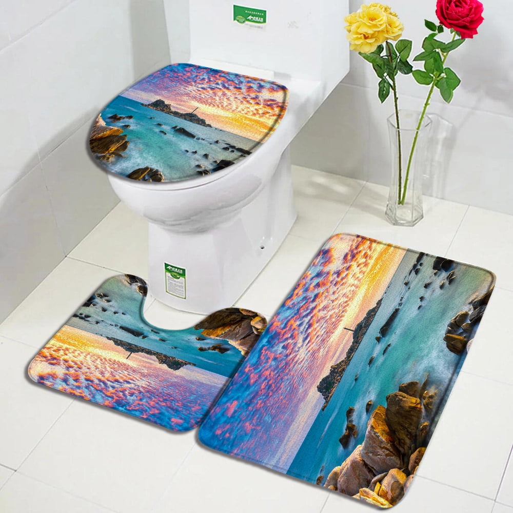 Beach Palm Tree Bath Mats Set Ocean Dolphin Bird Sea Wave Nature ...