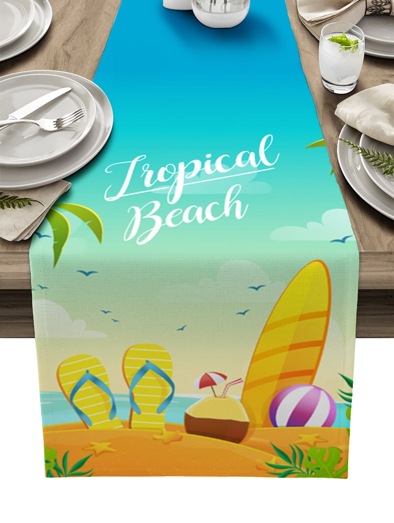 Beach Palm Tree Camping Trip Print Table Runners Flag Dining ...