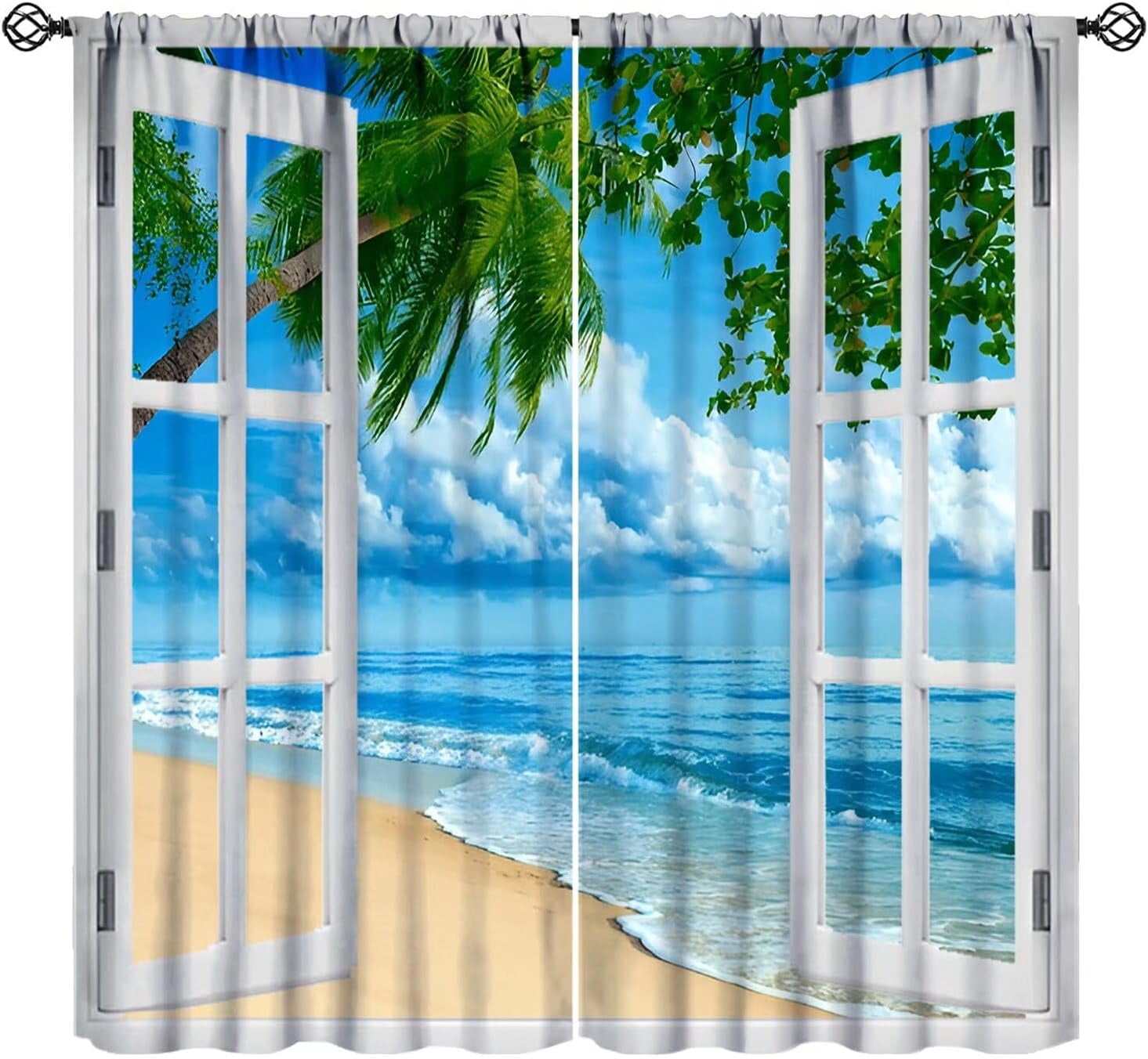 Beach Palm Tree Curtains, Summer Tropical Island Blue Clouds Ocean ...