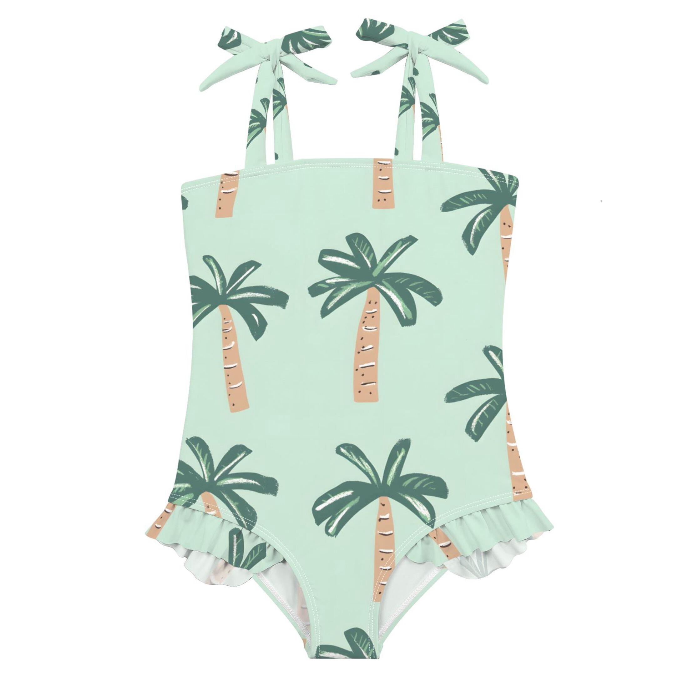 Beach Palm Tree Pattern Girls' One-Piece Swimsuit Bowknot Tie Shoulder ...