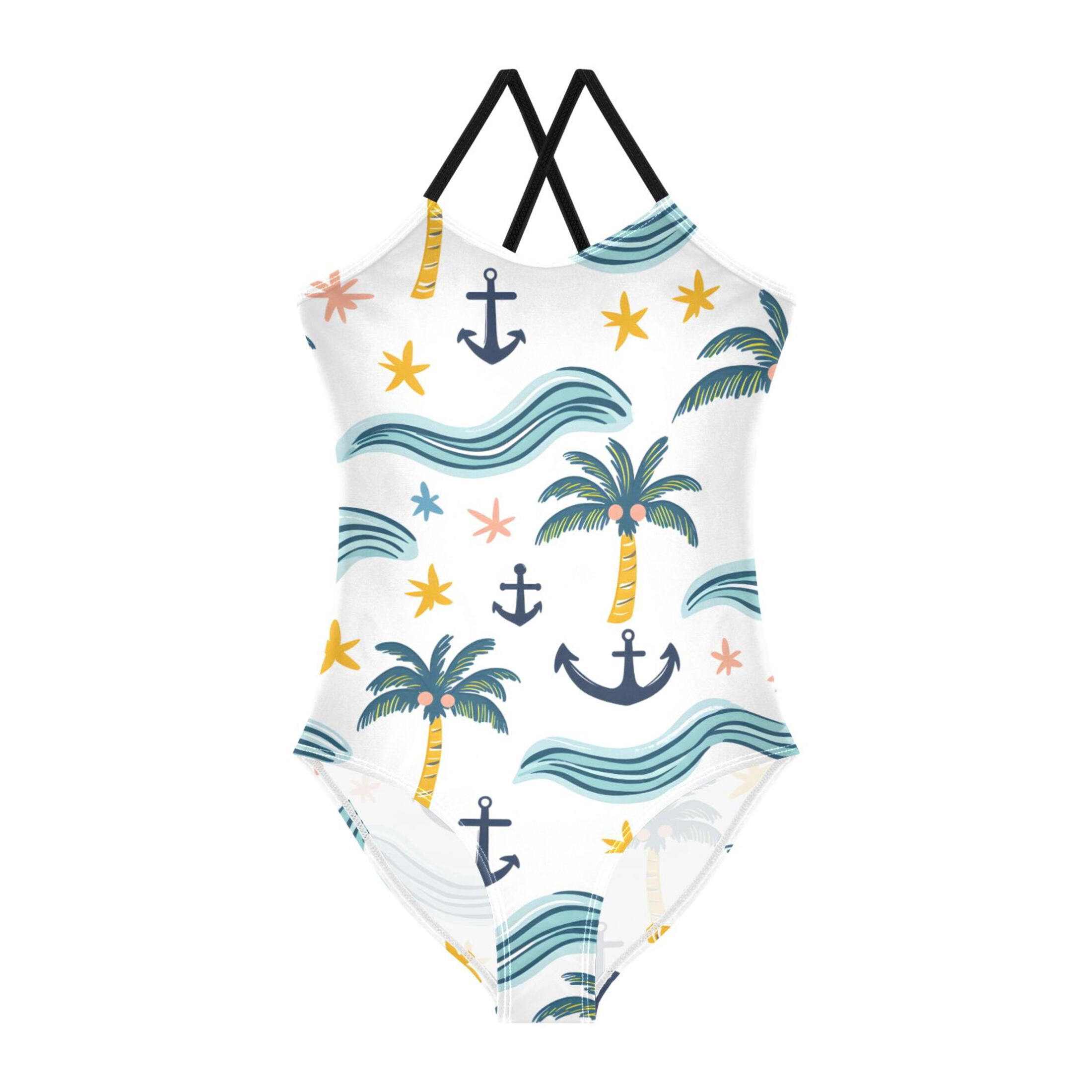 Beach Palm Tree Pattern Girls' One-Piece Swimwear 3T-10T Soft Stretchy ...