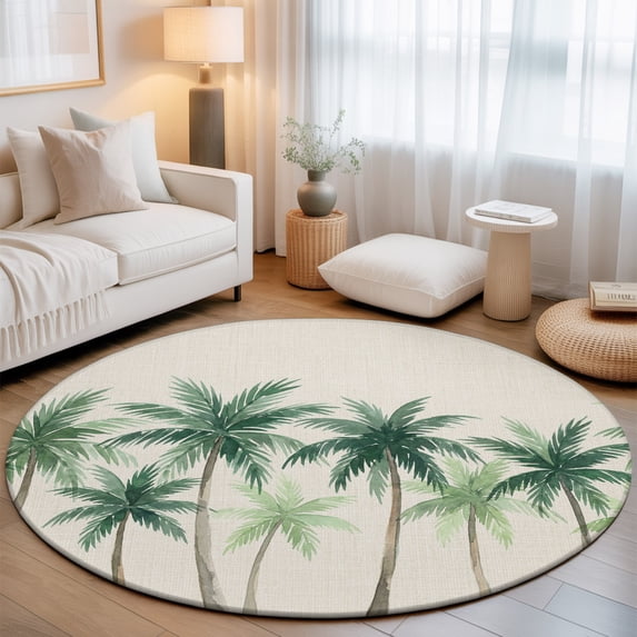 Beach Palm Tree Round Rug 6Ft Country Vintage Coastal Green Botanical ...