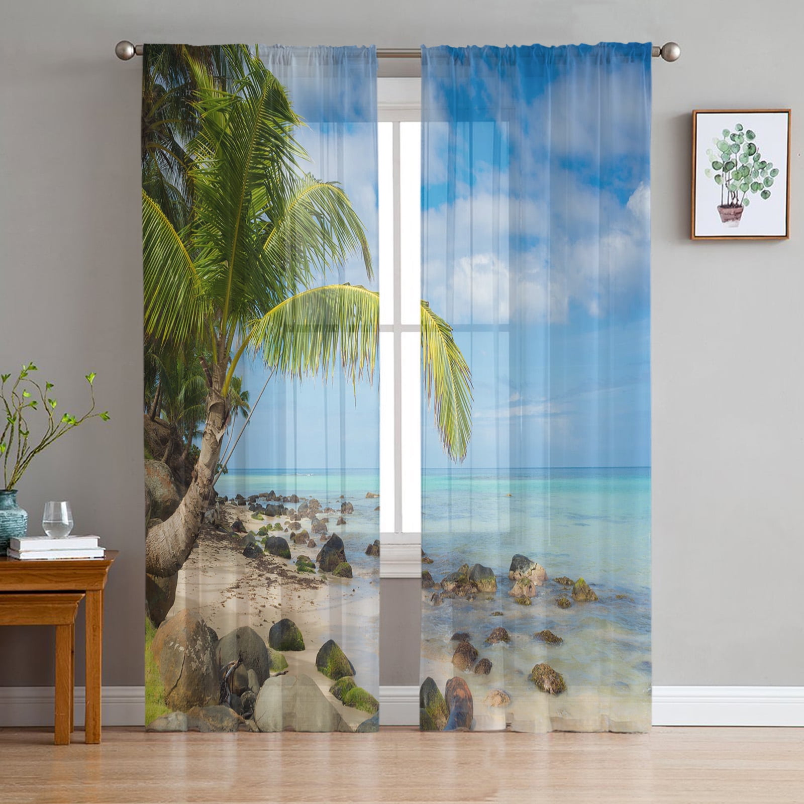 Beach Palm Tree Scenery Curtain Tulle rative Sheer Curtains for Living ...