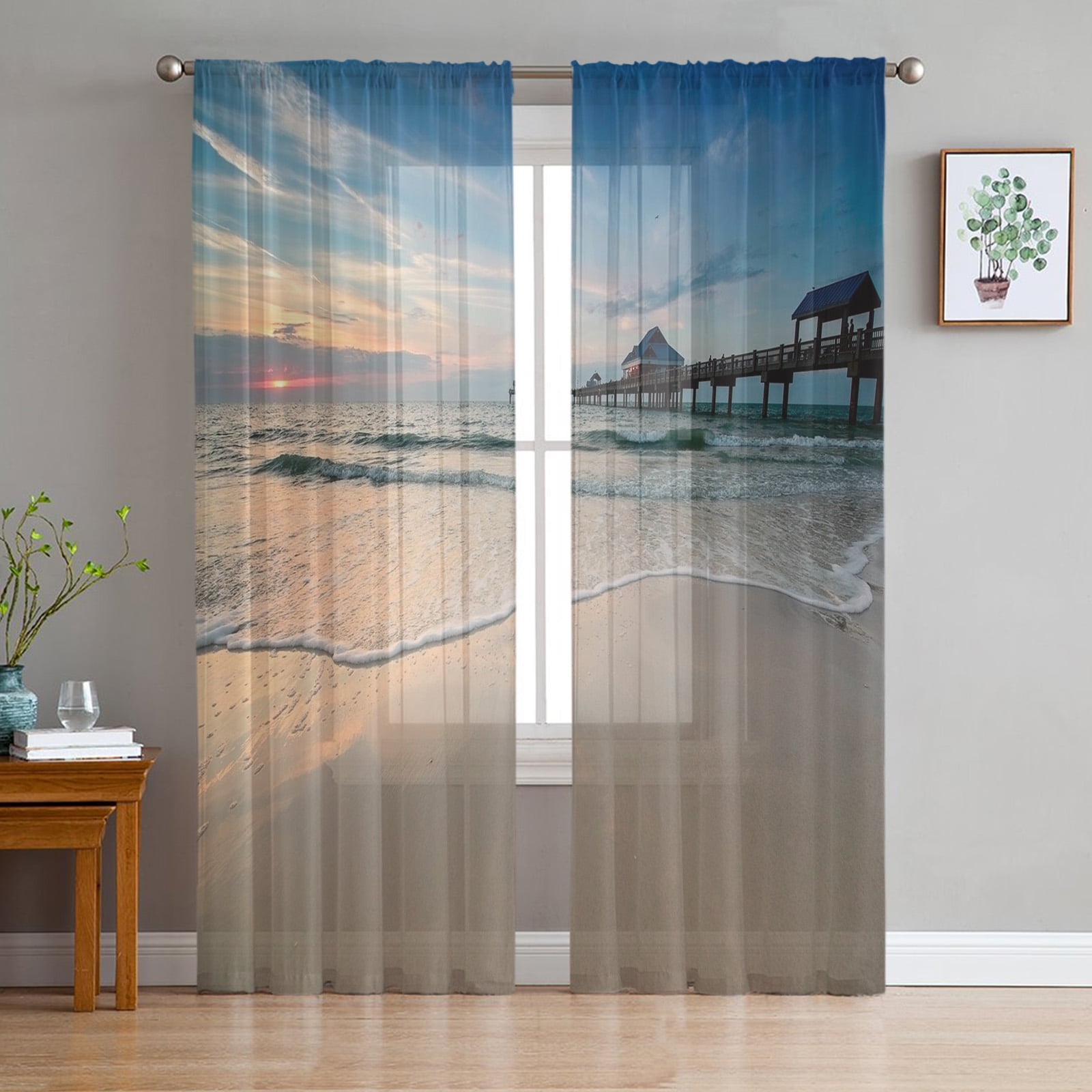 Beach Palm Tree Scenery Curtain Tulle rative Sheer Curtains for Living ...