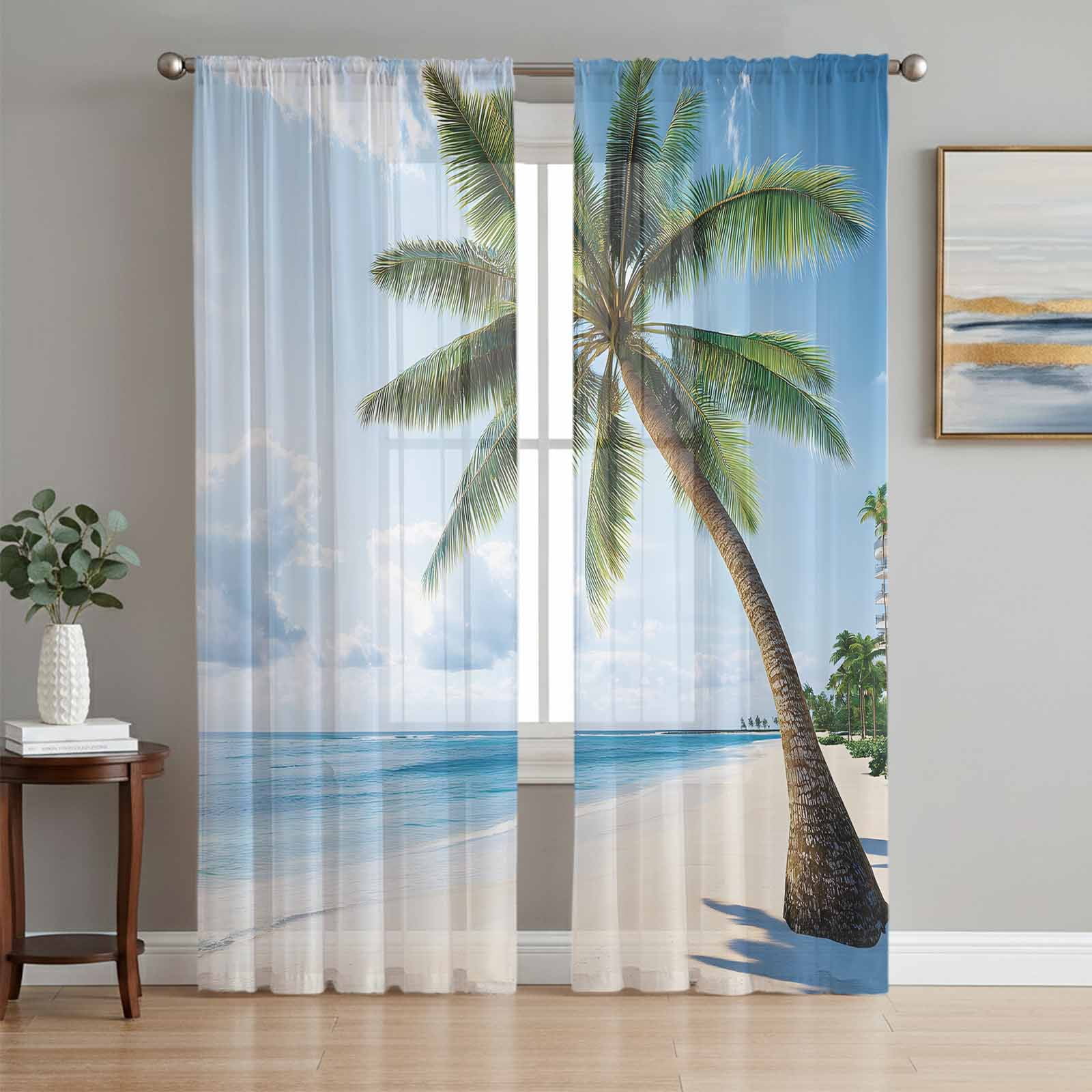 Beach Palm Tree Sheer Curtains 96 Inch Length 2 Panels Set, Ocean ...