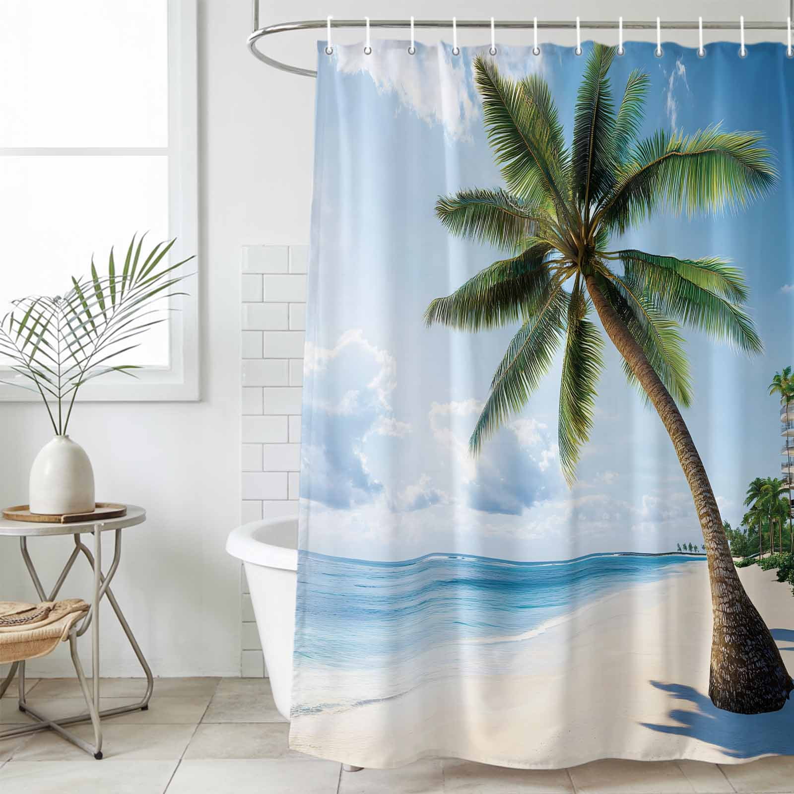 Beach Palm Tree Shower Curtain Set, Waterproof Shower Curtains for ...