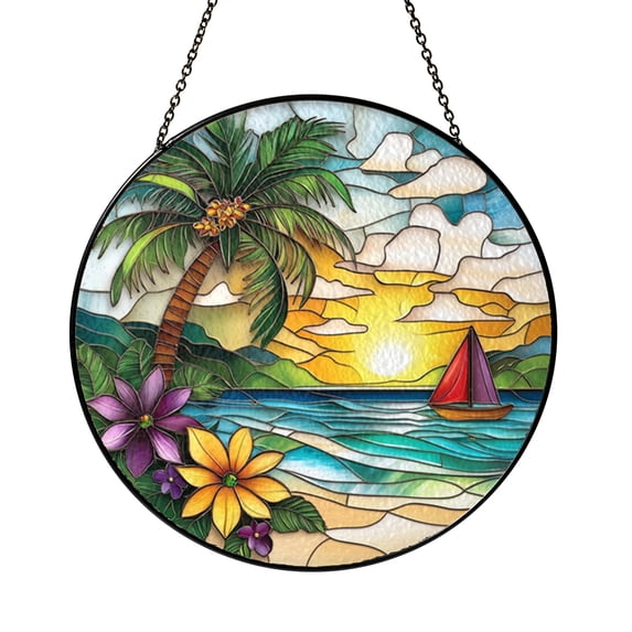 Beach Palm Tree Stained Glass Suncatcher Window Hanging, Tropical ...