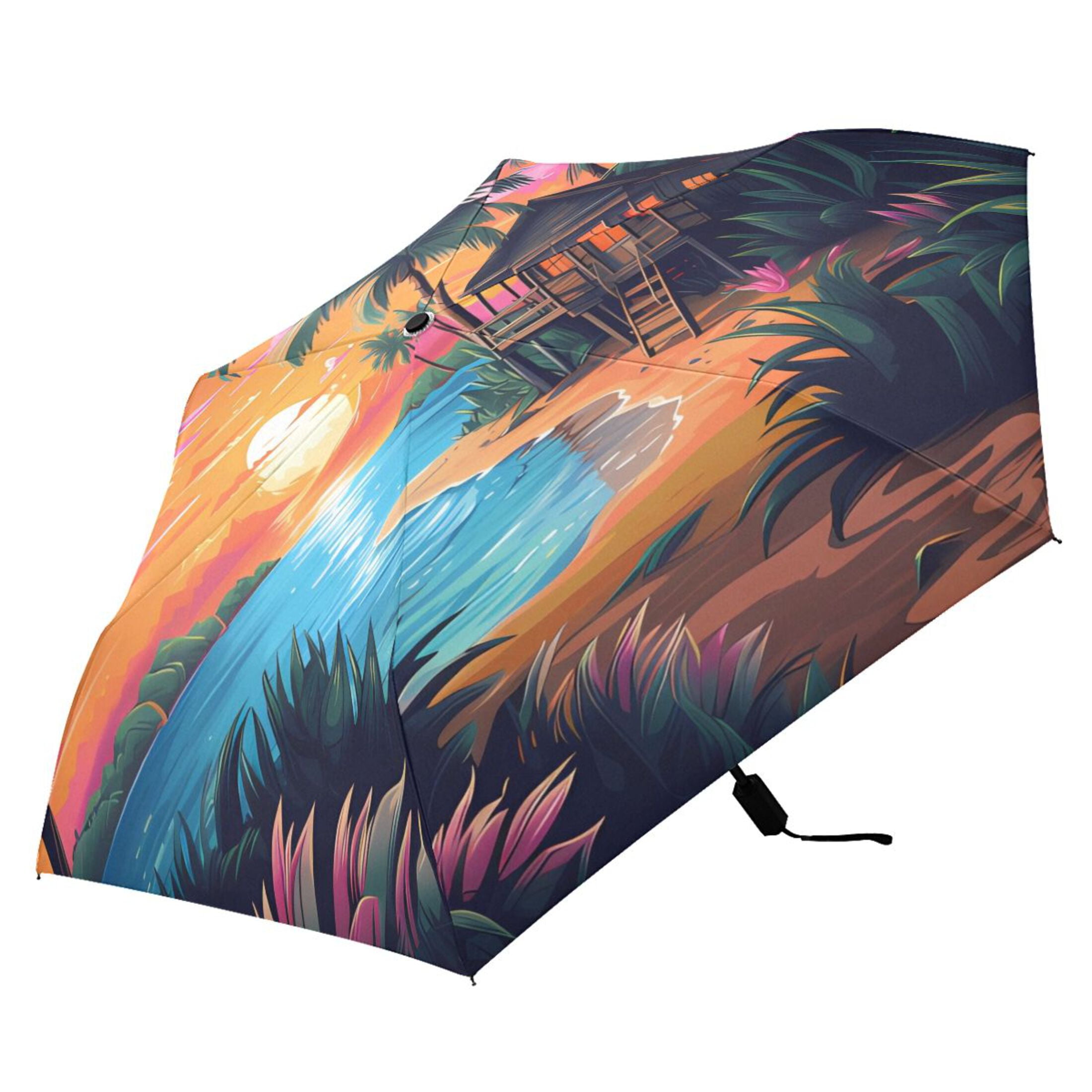 Beach Palm Tree Sunset Compact Folding Umbrella for Rain Windproof ...