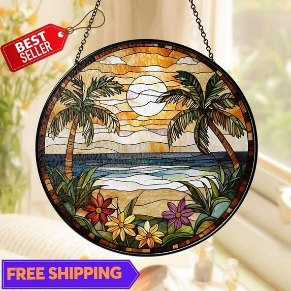 Beach Palm Tree Sunset Suncatcher, Glass-Effect Starfish Coastal Window ...