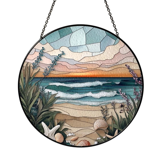 Beach Palm Tree Sunset Window Suncatcher, Stained Glass Style Coastal ...