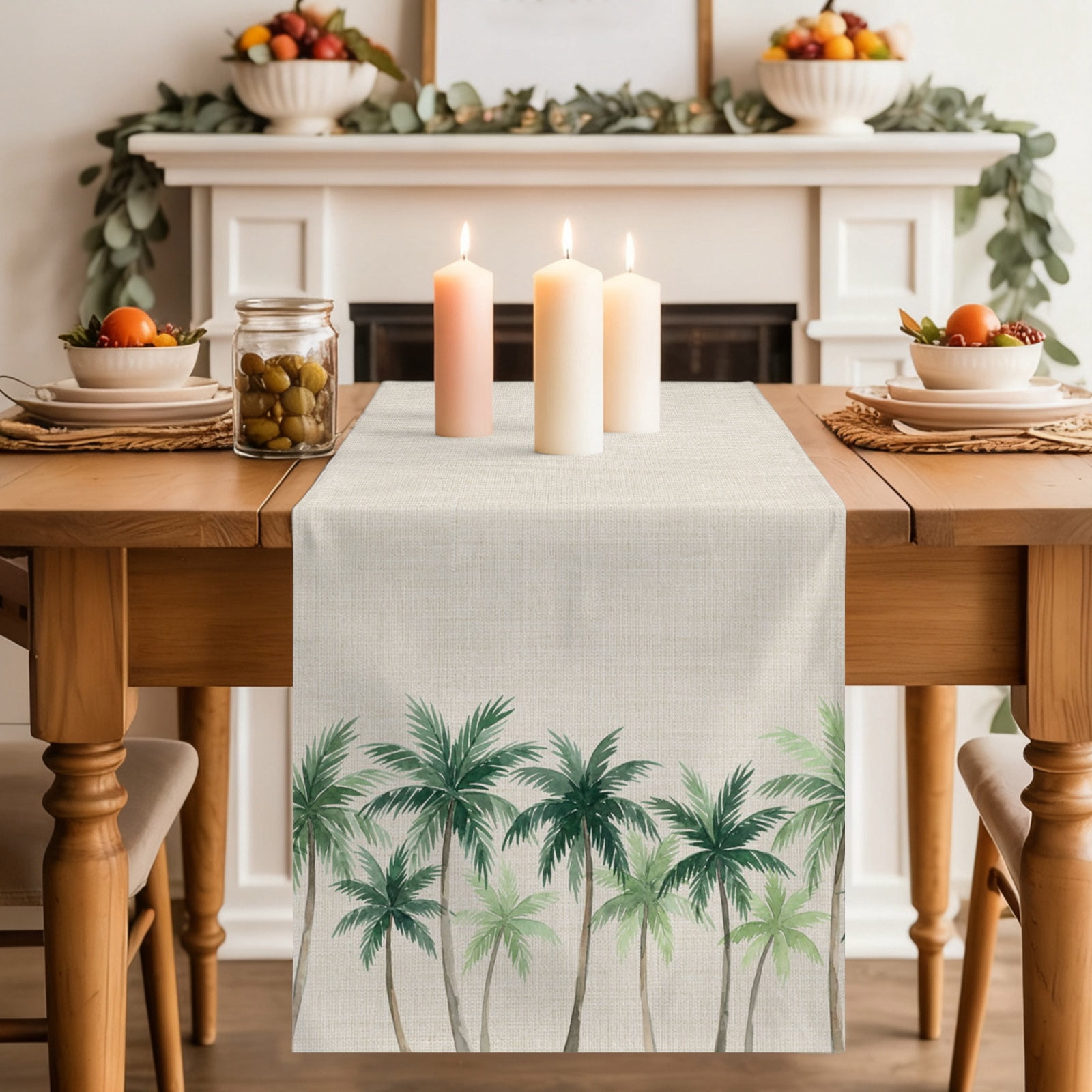 Beach Palm Tree Table Runner, Country Vintage Coastal Green Botanical ...