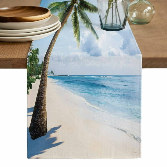 Beach Palm Tree Table Runner, Ocean Coastal Sky Nature Scenery Washable ...