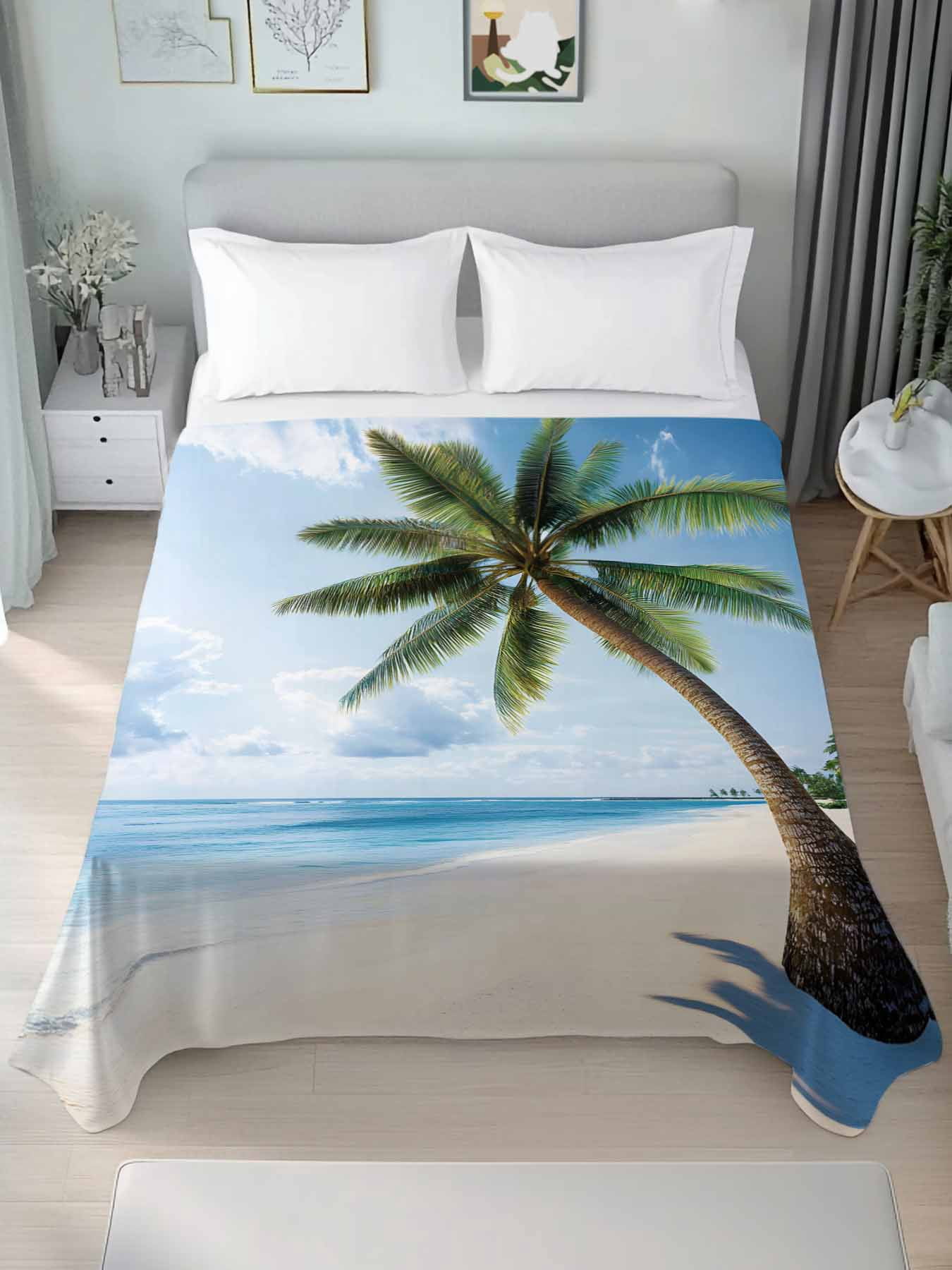 Beach Palm Tree Twim XL Size Flat Sheet, Wrinkleproof & Fadeproof ...