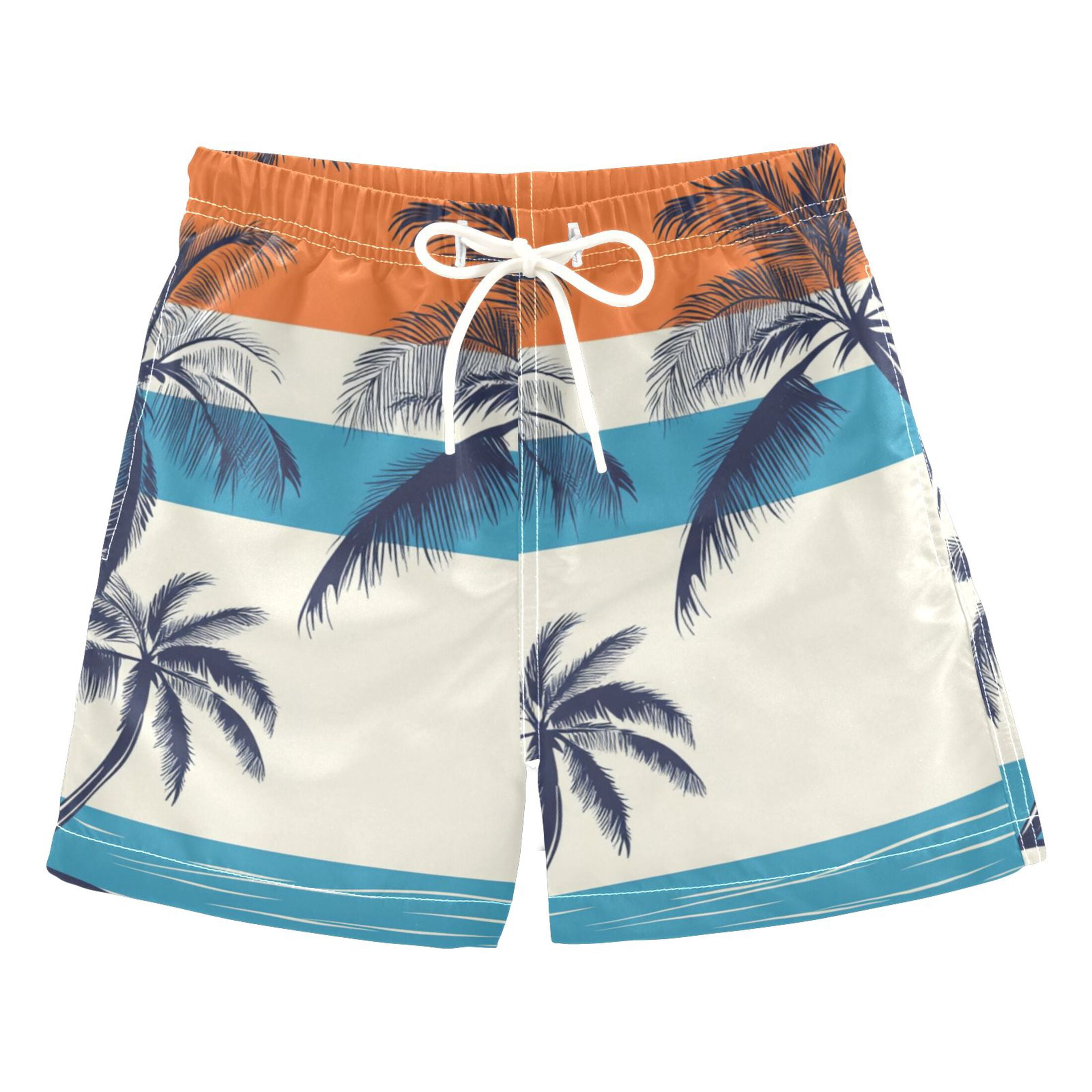 Beach Palm Trees Orange Blue Stripes Boys' Swim Trunks Board Shorts ...