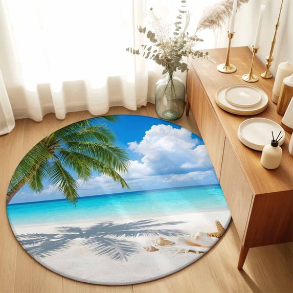 Beach Palm Trees Teal Ocean Round Area Rug 3ft,Living Room Rug Non-Slip ...