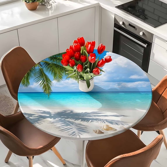 Beach Palm Trees Teal Ocean Round Fitted Tablecloth with Elastic Edge ...