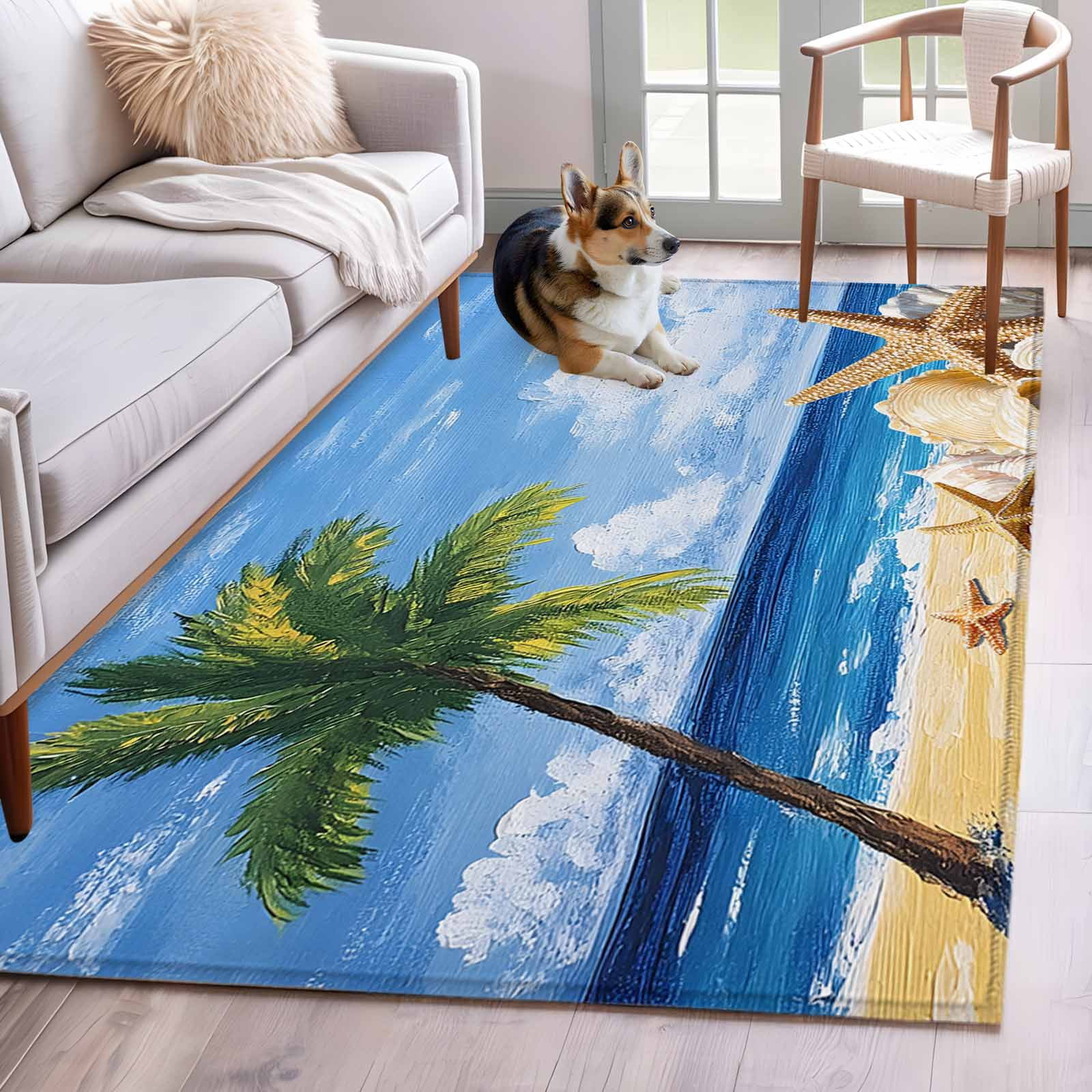 Beach Palm Washable Area Rug 3x5 Tree Summer Ocean Blue Sky Oil ...