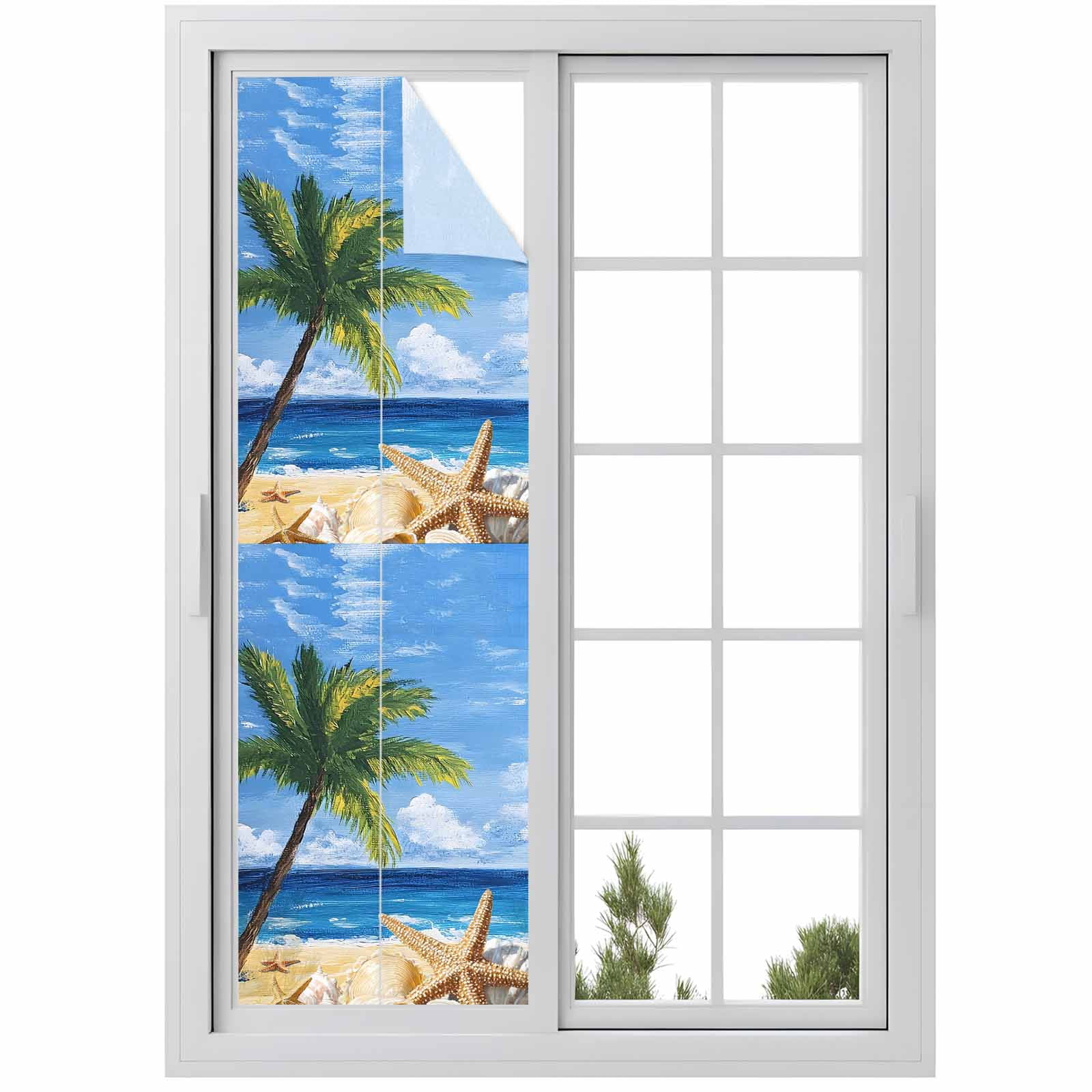 Beach Palm Window Privacy Film Tree Summer Ocean Blue Sky Oil Painting ...