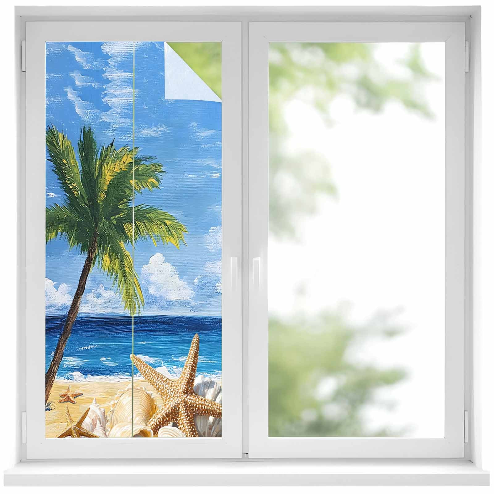 Beach Palm Window Privacy Film Tree Summer Ocean Blue Sky Oil Painting ...