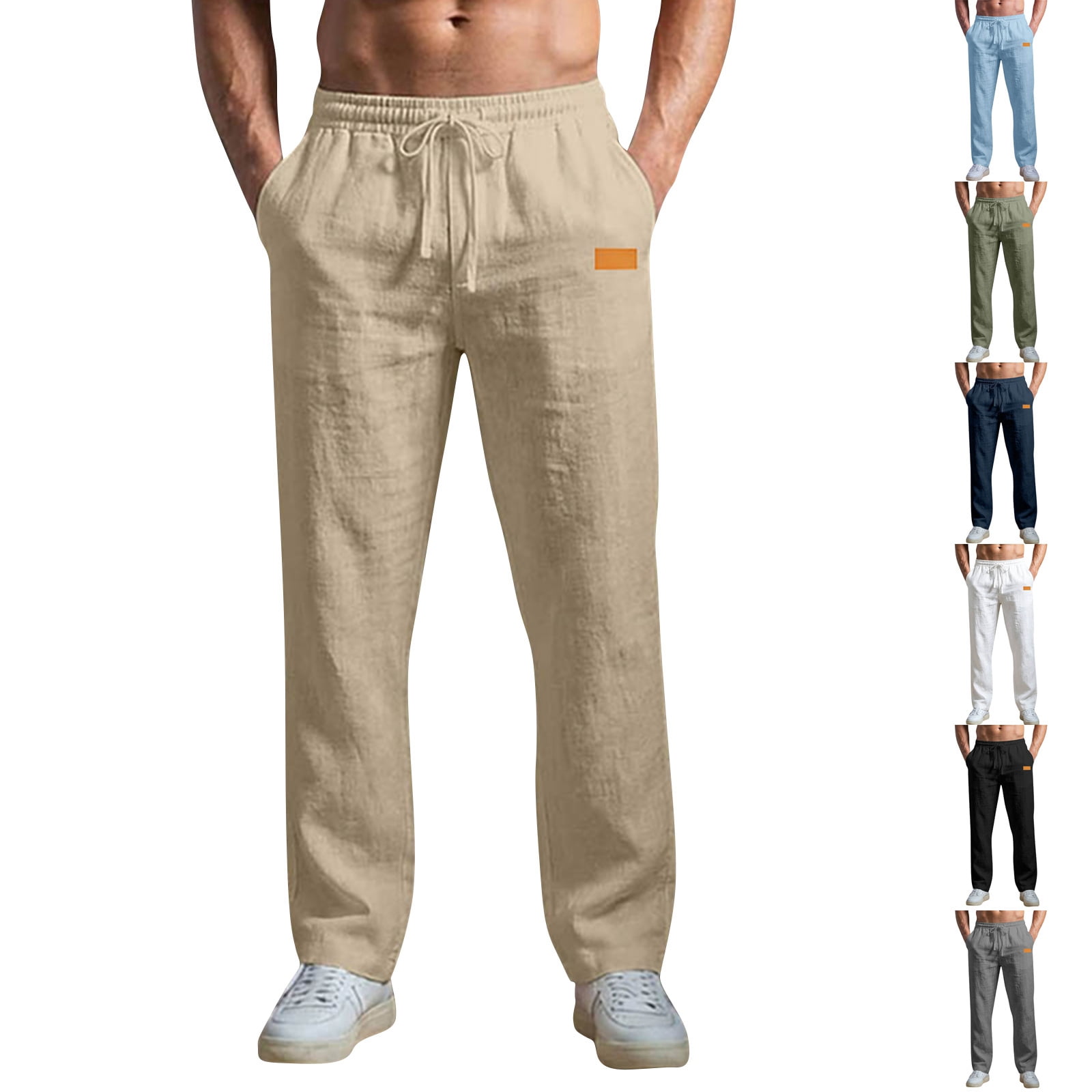 Beach Pants for Men Cotton Drawstring Elastic Waist Cotton Linen Pants ...