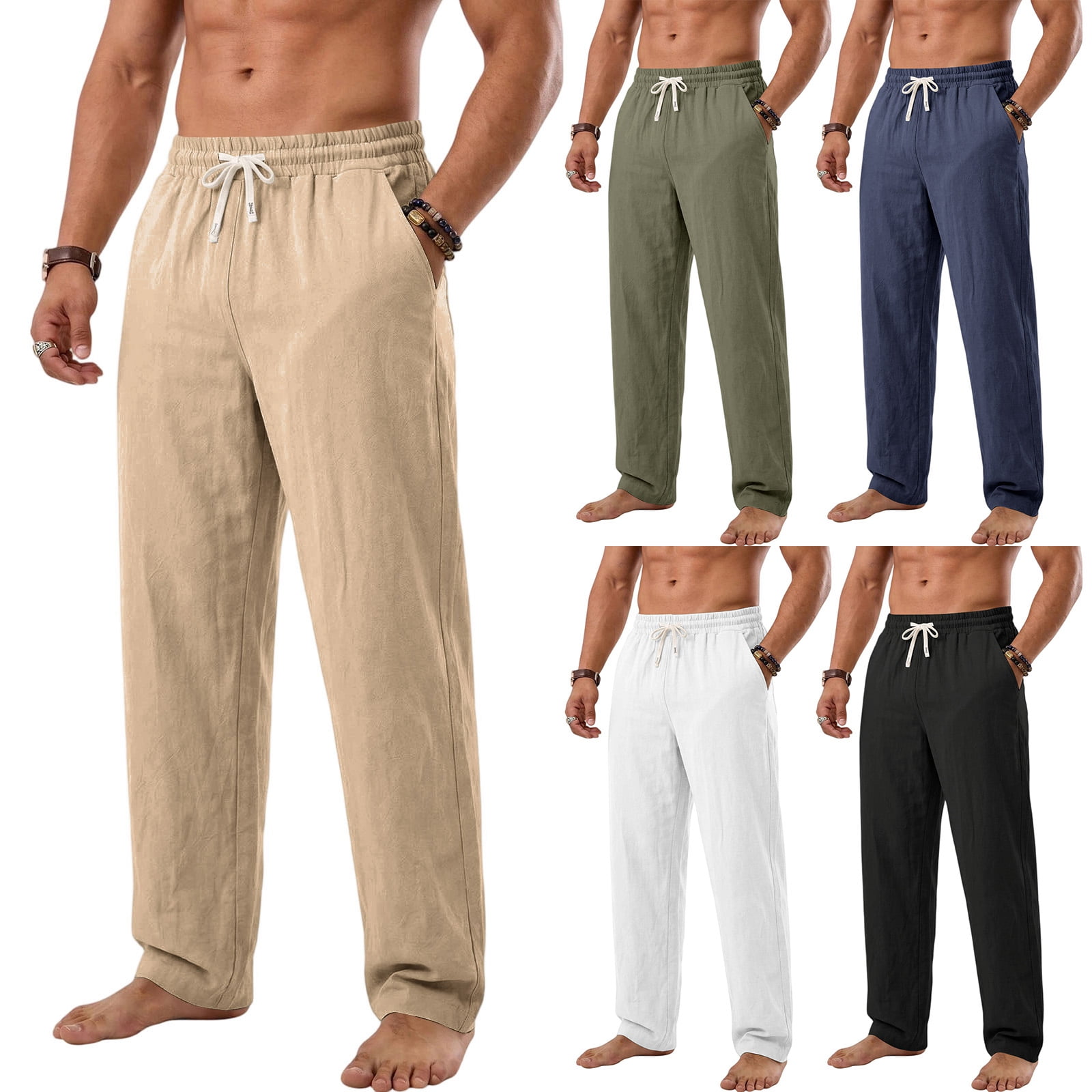Beach Pants for Men Drawstring Elastic Waist Wide Leg Pants Casual ...