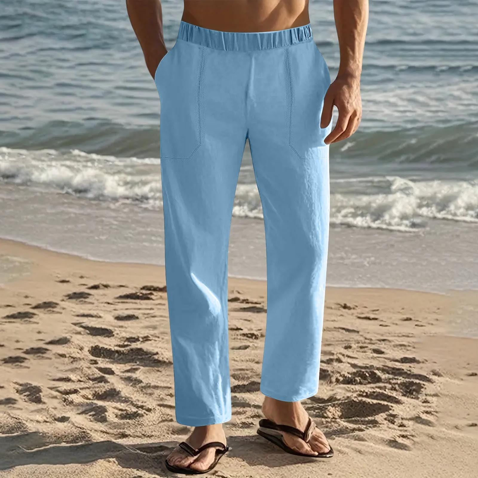 Beach Pants for Men with Pockets Summer Lightweight Straight Wide Leg ...