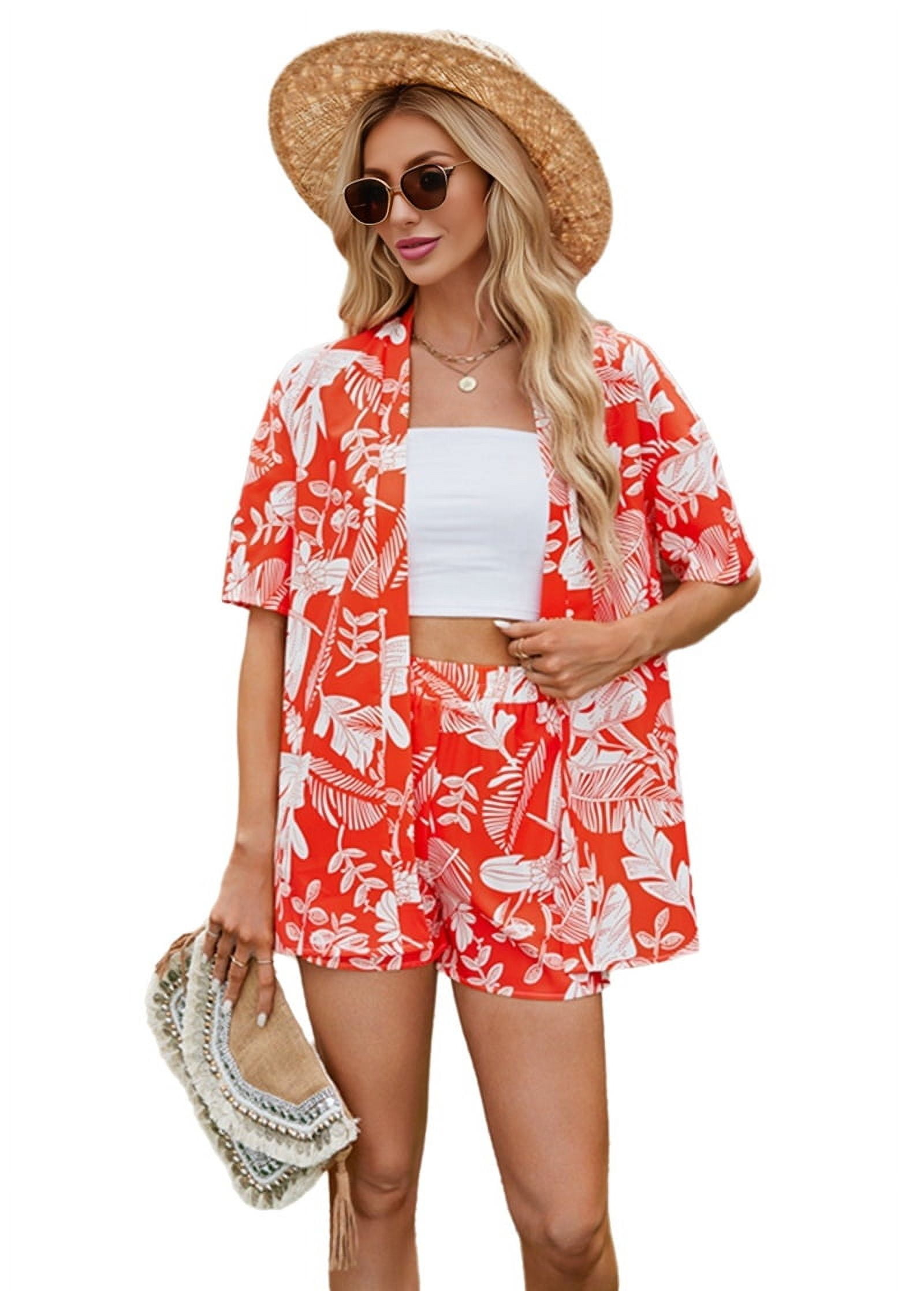 Beach Pants for Women Co Ord Set 2 Piece Dress Shirt and Short Beach ...