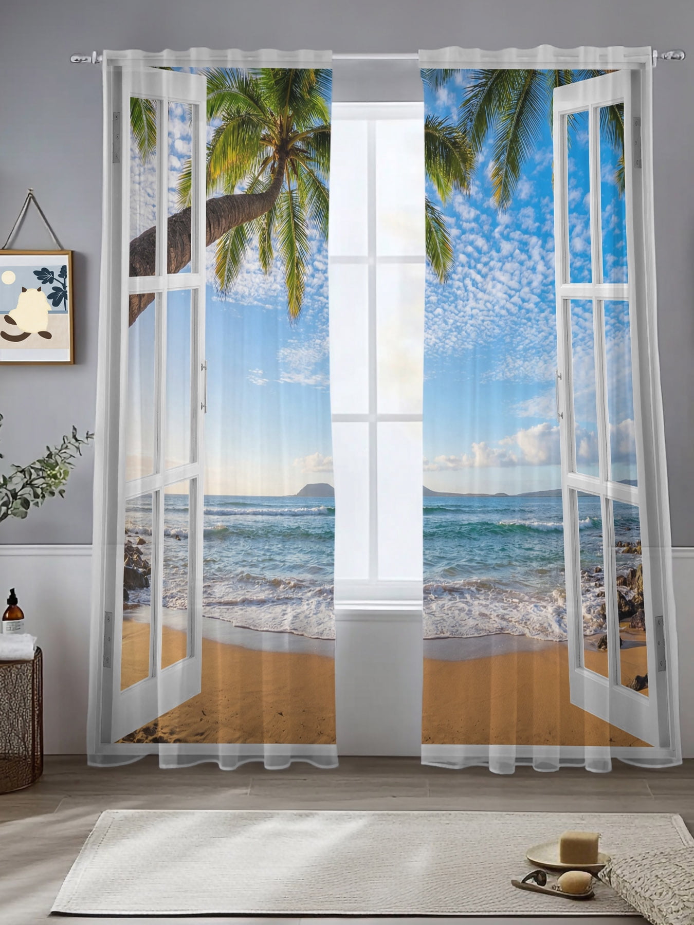Beach Paradise Sheer Curtains 84 inches Long, Summer Window Frame Sunny ...