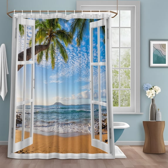 Beach Paradise Shower Curtain with Hooks, Summer Window Frame Sunny Sky ...