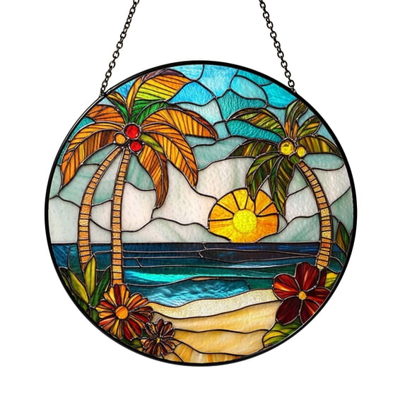 Beach Paradise Stained Glass Suncatcher Window Hanging, Palm Trees and ...