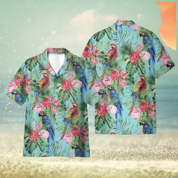 Beach Parrot Tropical Flowers Pattern 3D Hawaiian Shirt Holiday Gift ...
