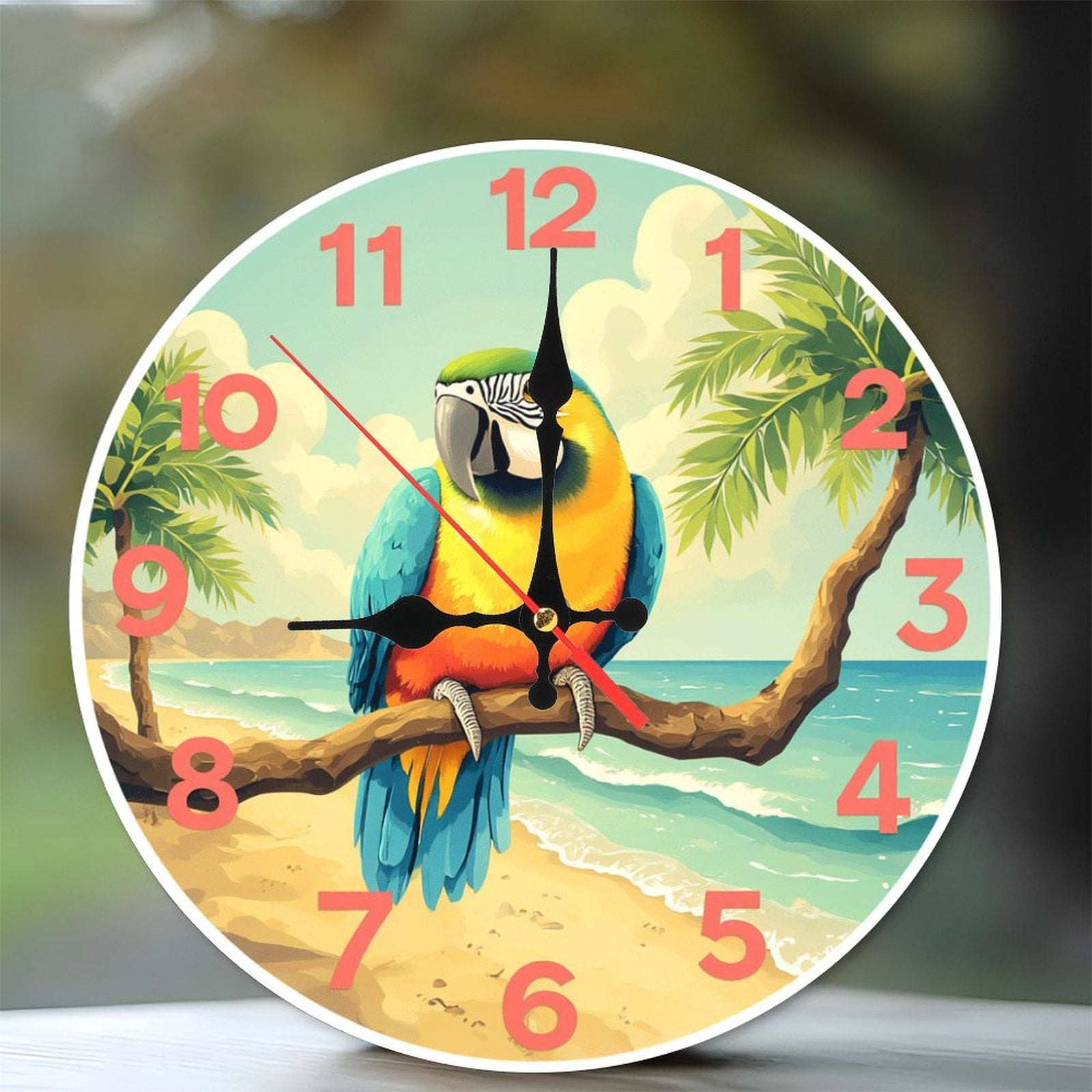 Beach Parrot Wall Clock Tropical Bird Home Decor 10-Inch Silent Wooden ...