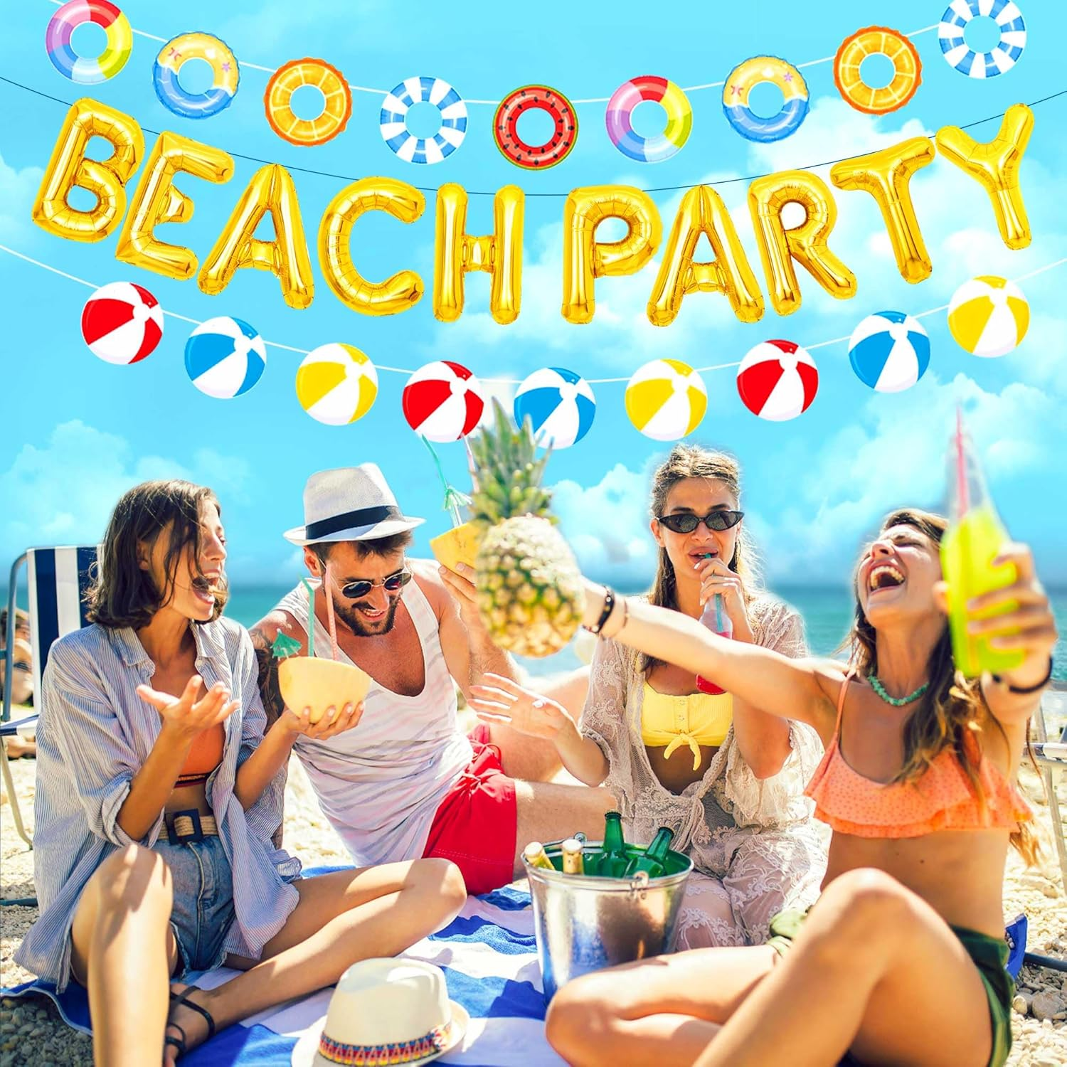 Beach Party Decorations Set - Gold Letter Balloons & Colorful Flags for ...