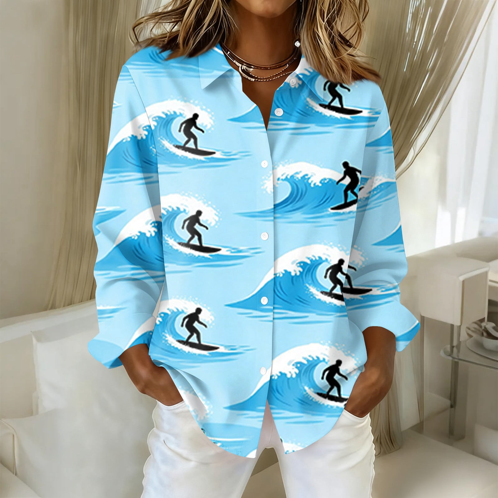 Beach Party Tops for Women Long Sleeve Hawaiian Tropical Floral Print ...