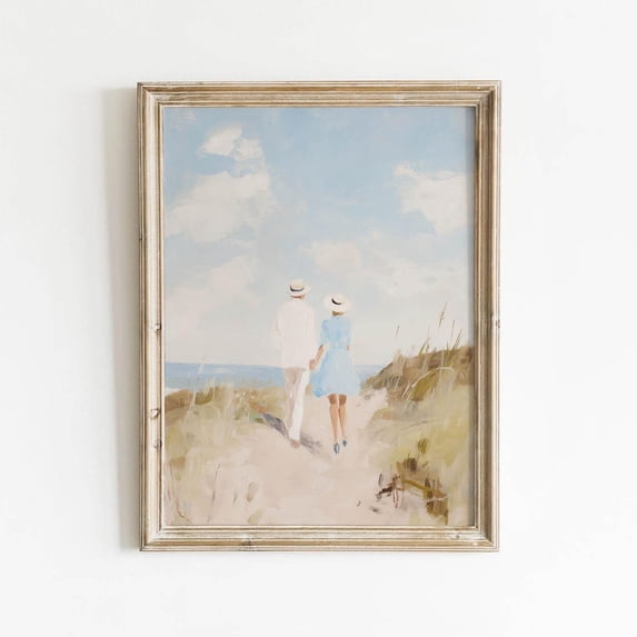 Beach Path Couple Straw Hats Pastel Retro Romantic Coastal Neutral Home ...