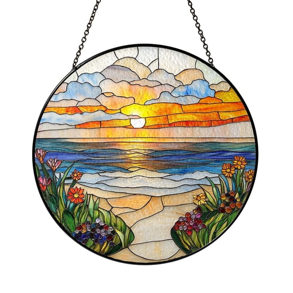 Beach Path Window Hanging Decor, Stained Glass Style Coastal Sunset ...