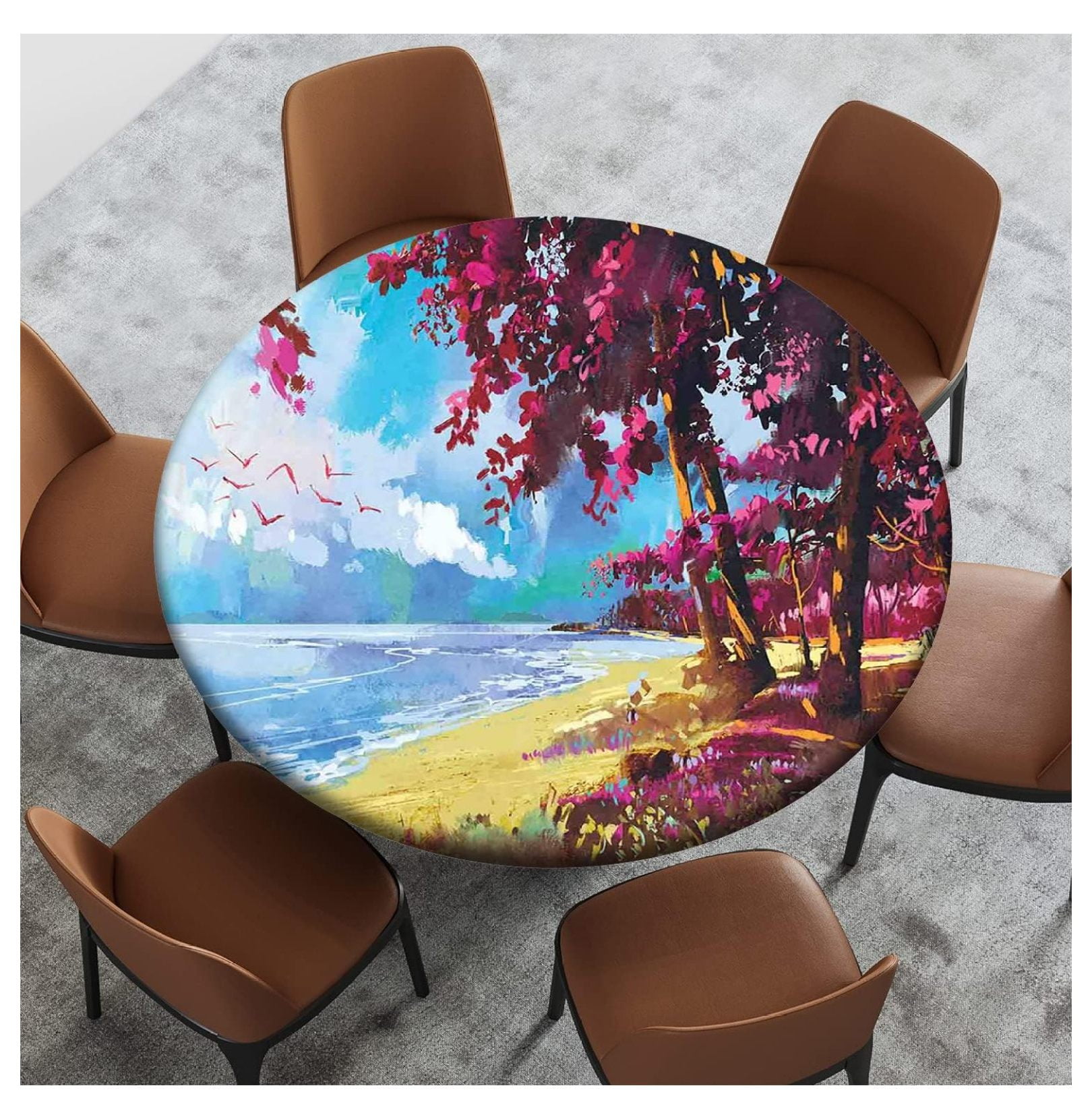 Beach Pattern Round Table Cover,Elastic Edge,Suitable for Catering and Kitchen Can Wipe Dining ...